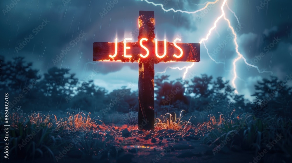 Conceptual photography of an illuminated cross with the word "JESUS ...
