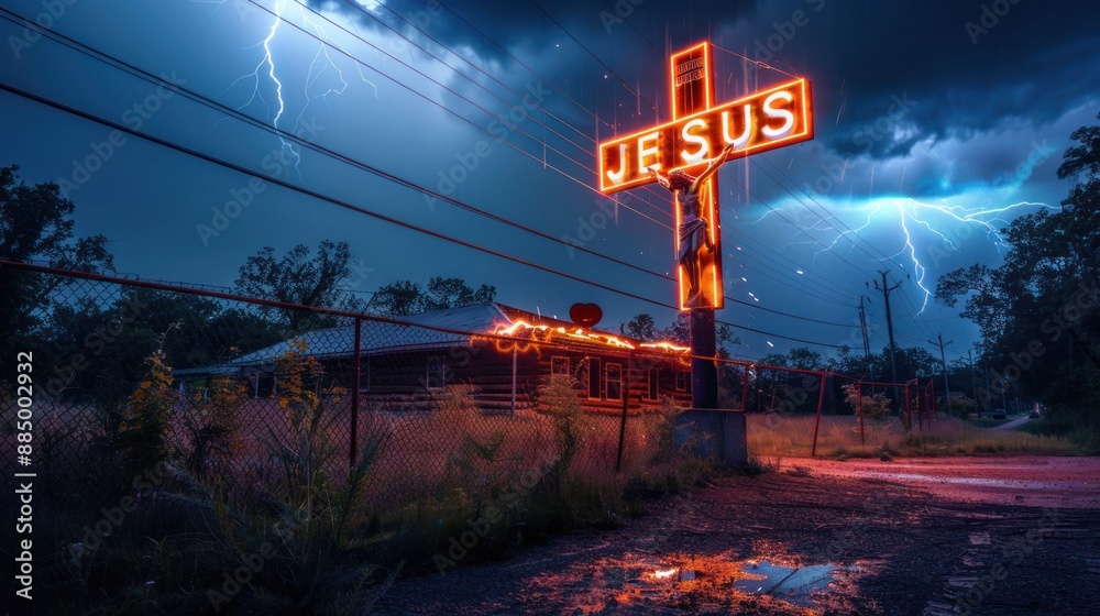 Conceptual photography of an illuminated cross with "JESUS" glowing ...
