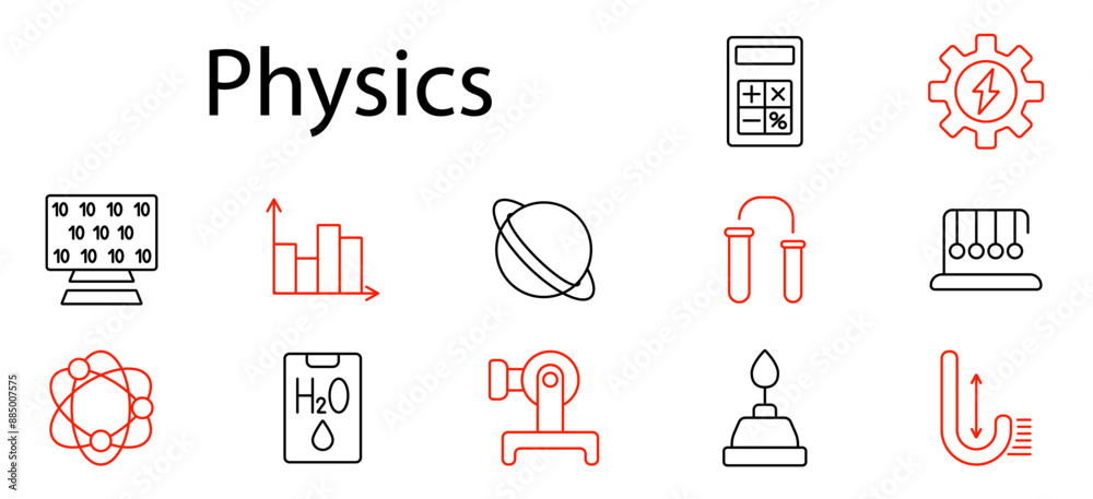 Physics set icon. Atom, graph, planet, calculator, test tubes, gear ...