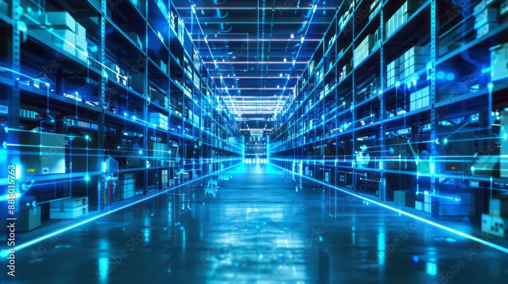 Futuristic warehouse technology with neon background: advanced warehouse program and cutting ...