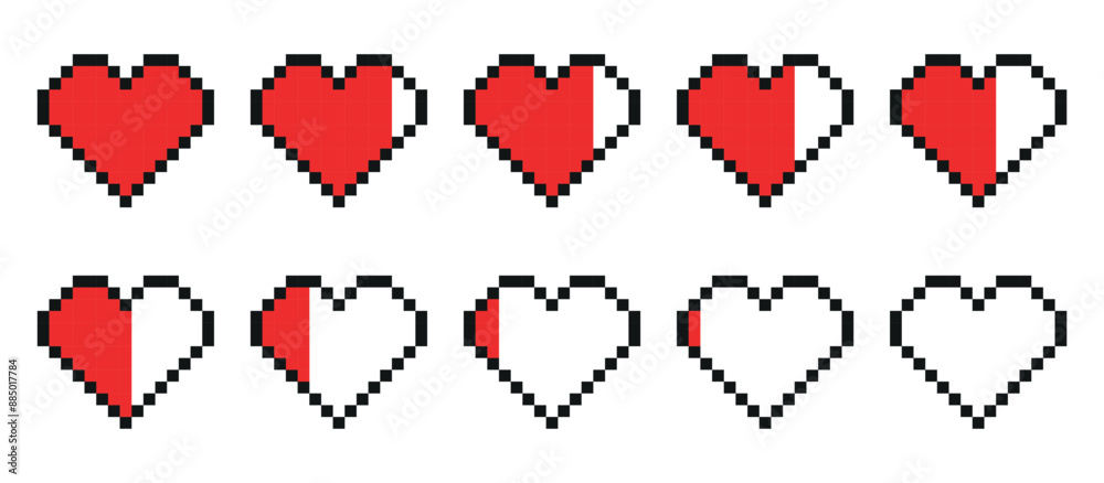 Pixel game life bar. Vector art 8 bit health heart bar. Heart gamer ...