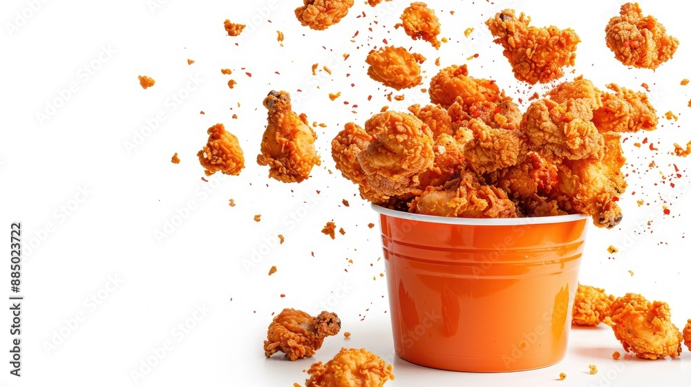 Crispy fried chicken bursting out of a bucket, isolated on white with a ...