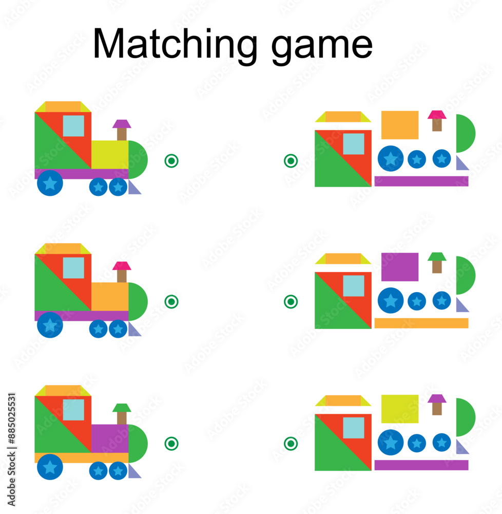 Matching game for kids. Find the correct color of cartoon locomotive ...