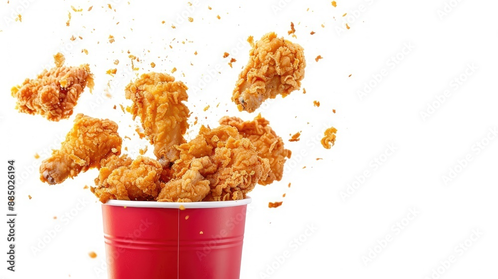 Fried chicken bursting out of a red paper bucket, isolated on white ...