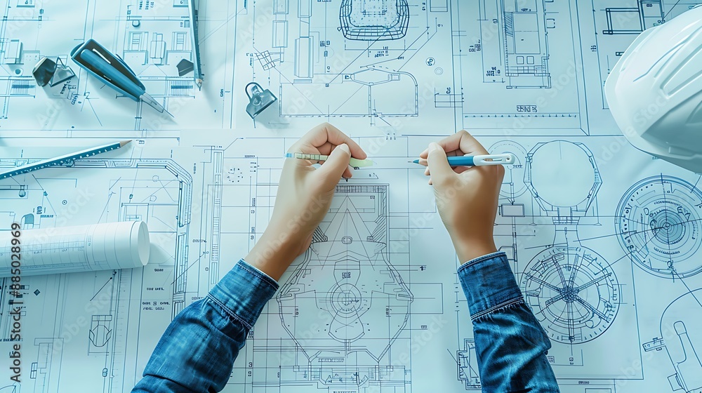 ภาพประกอบสต็อก Engineering drawing session detailed technical sketches ...