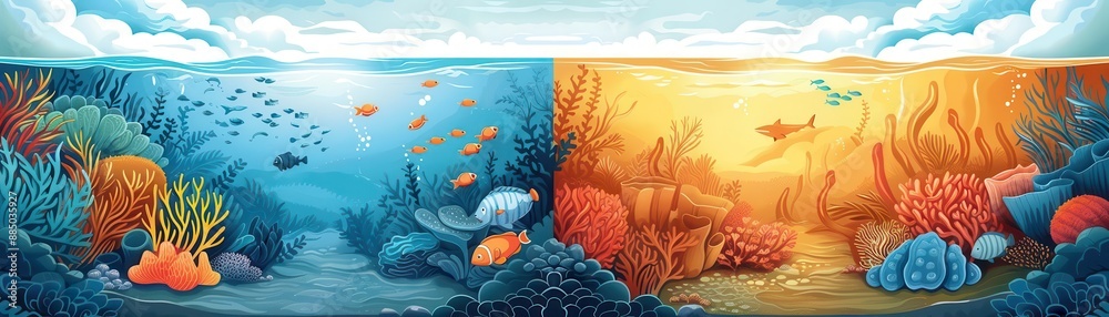 Ocean flat design top view underwater ecosystem cartoon drawing Split ...