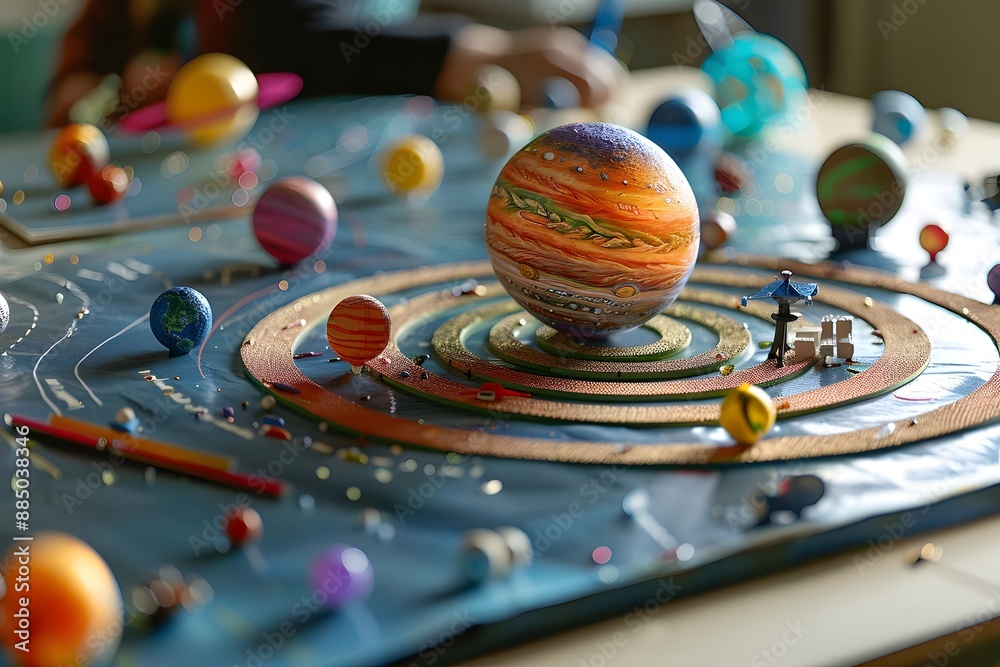 Colorful solar system model with planets, detailed orbital paths, and ...