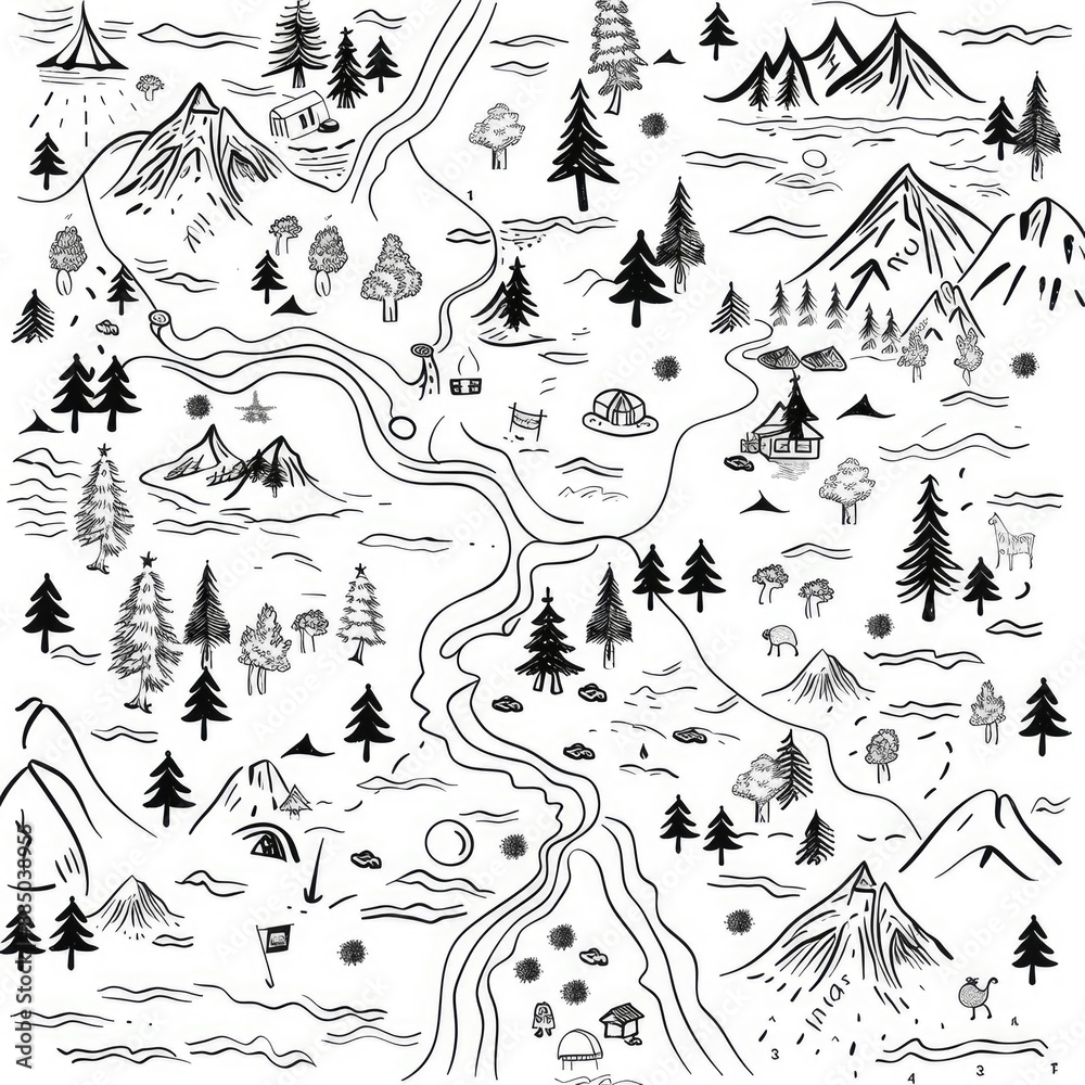 A black and white camping map, a summer camp background vector ...