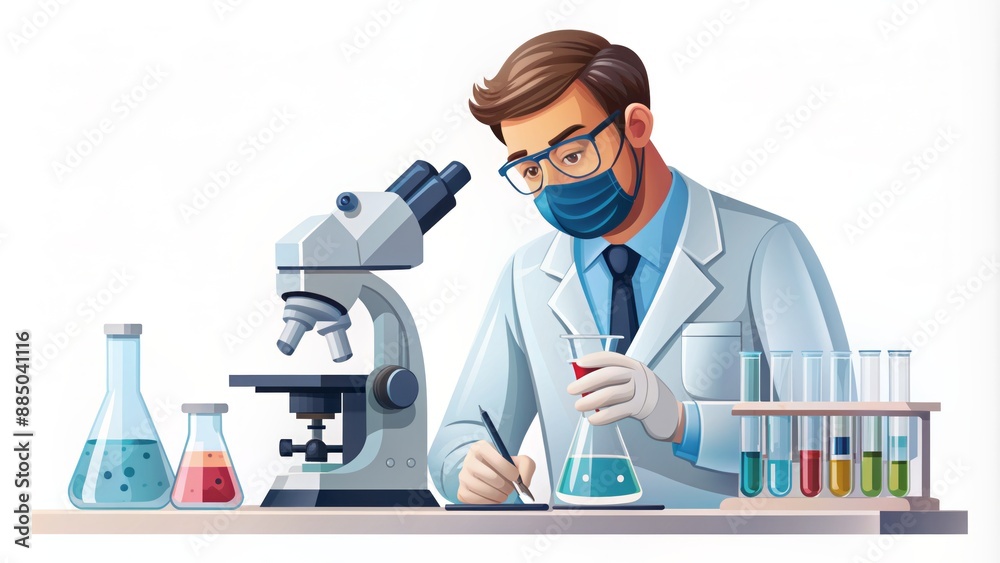 Stylized illustration of a lab coat clad scientist symbol with ...