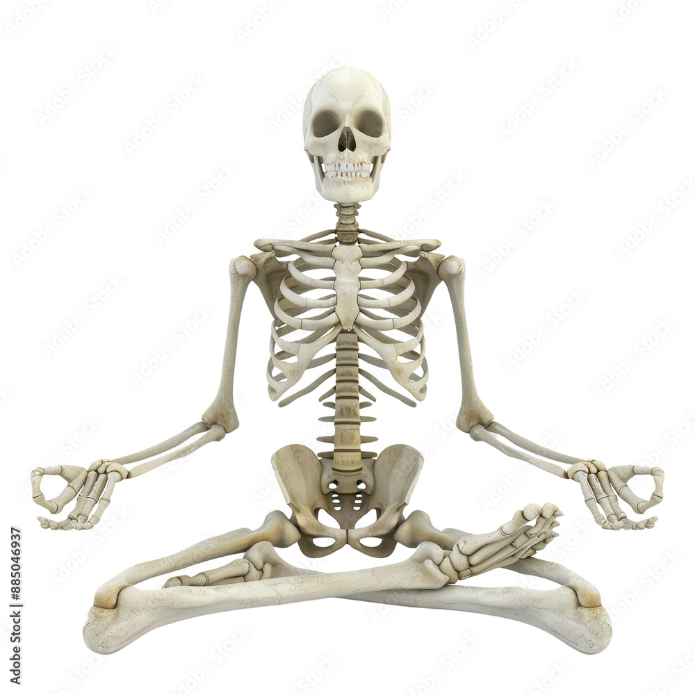 A human skeleton sits in a meditative yoga pose with arms outstretched ...