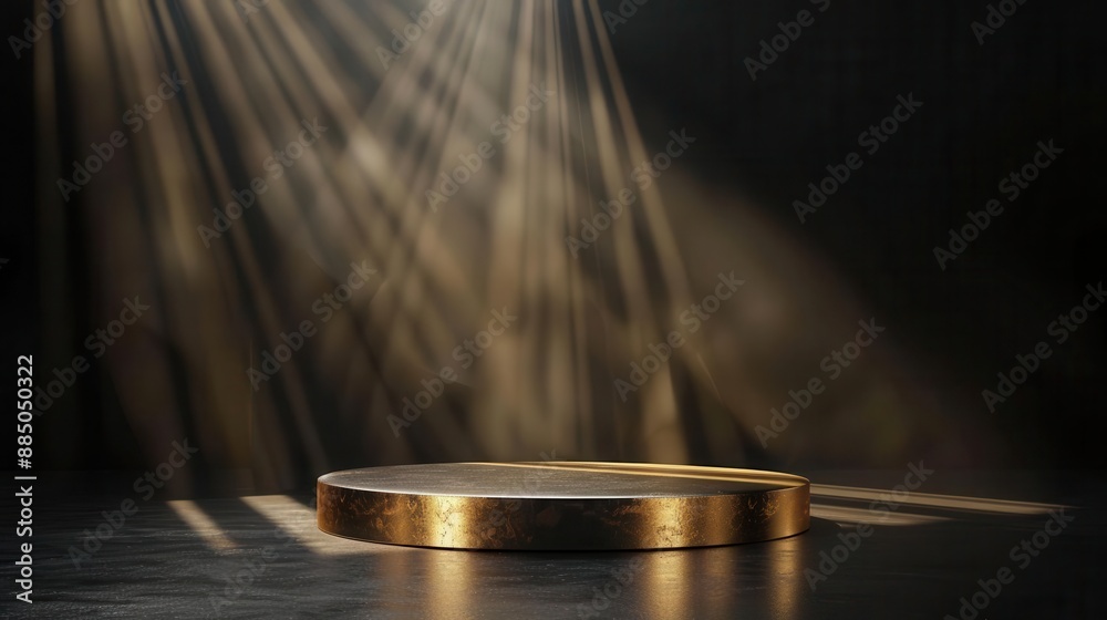 dramatic golden podium illuminated by theatrical spotlights casting ...