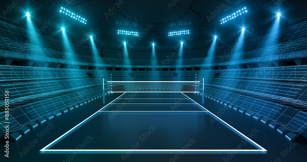 Futuristic volleyball arena at night with shining spotlights and ...