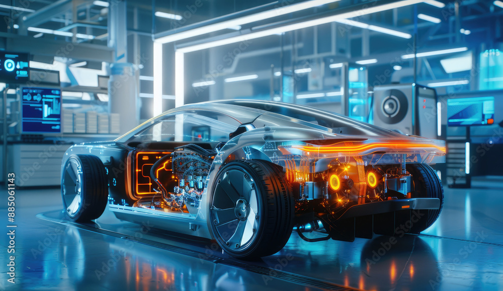 3D rendering of an electric car's motor and battery, intricate details ...