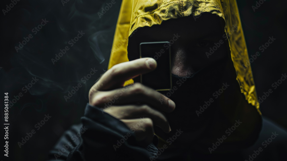 Hacker without face showing picture image in own hand, deep dark ...