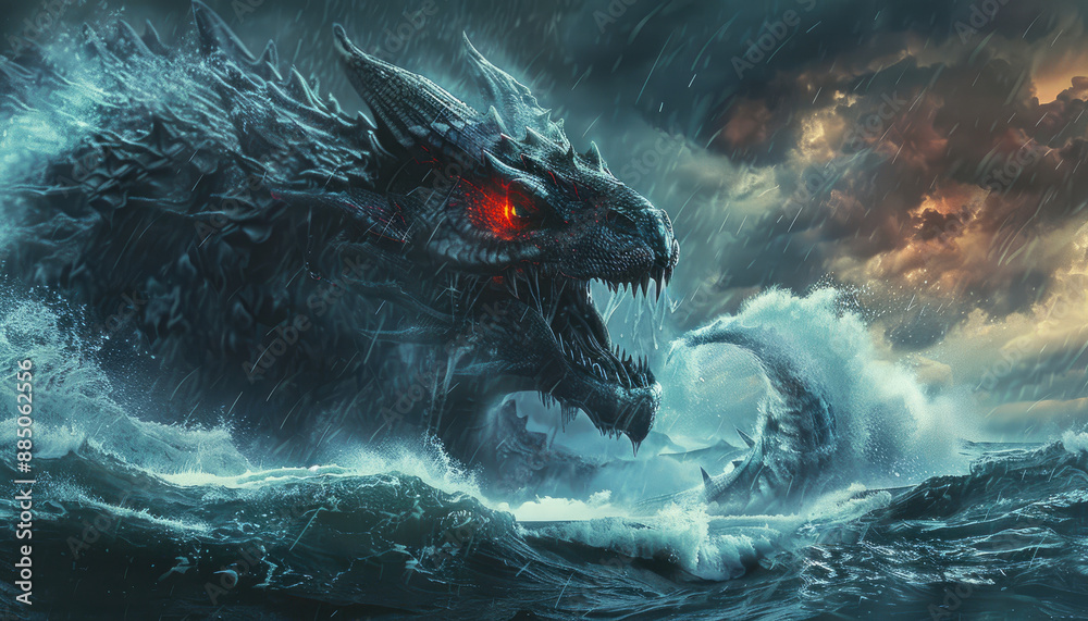Giant sea monster emerging from stormy ocean waves, dark fantasy style ...