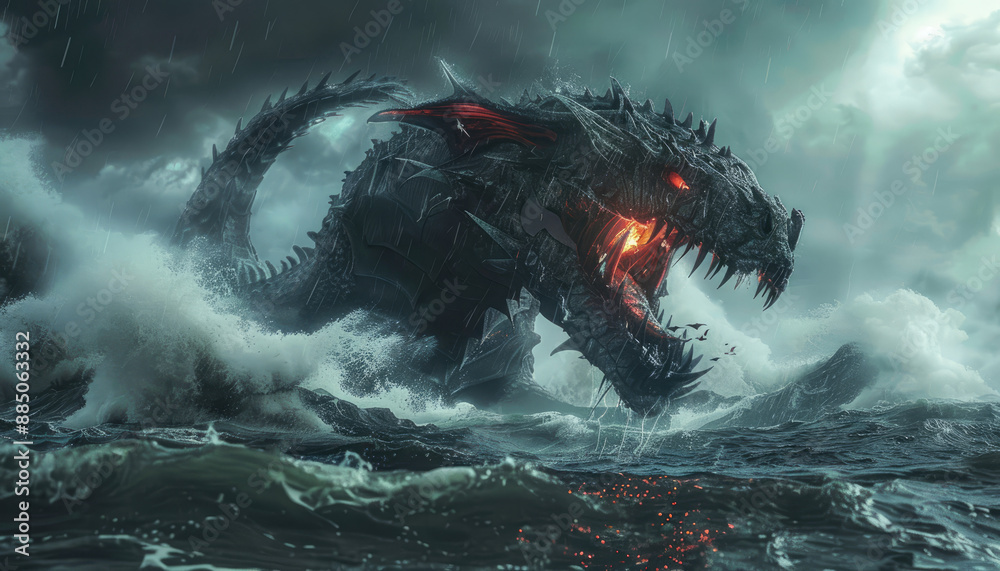 Giant sea monster emerging from stormy ocean waves, dark fantasy style ...
