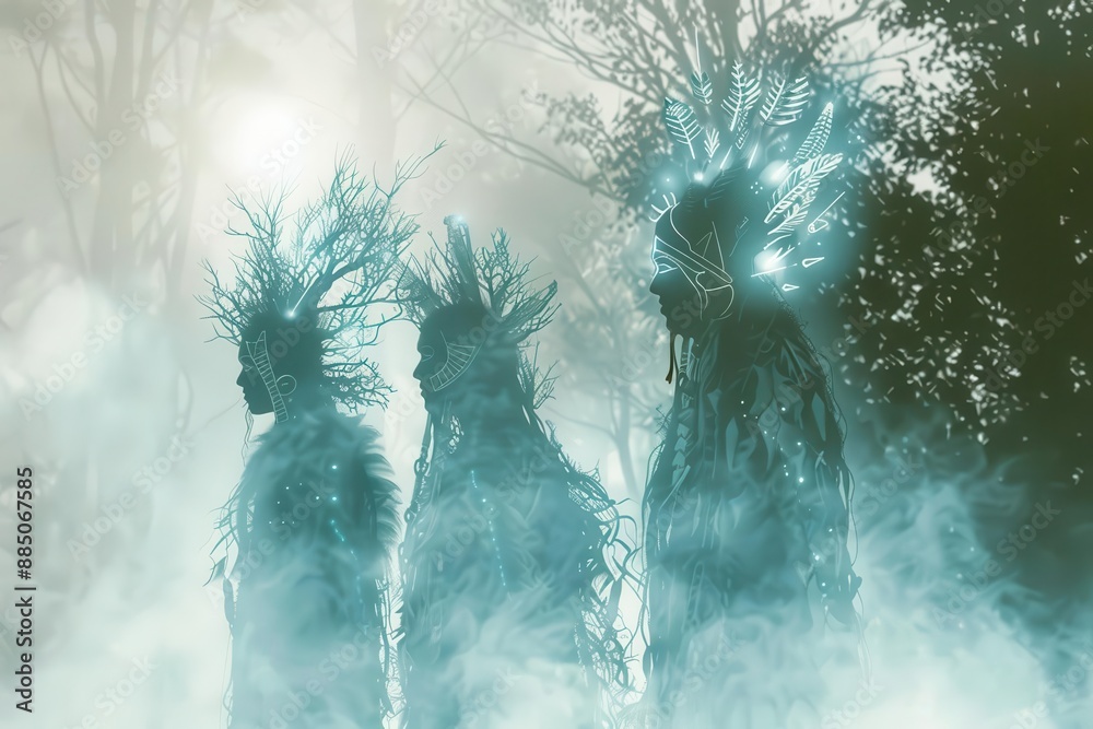 ethereal digital painting of indigenous spirits translucent silhouettes ...