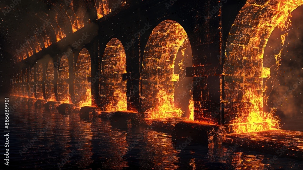 Ancient stone arches illuminated by flames, creating a powerful visual ...
