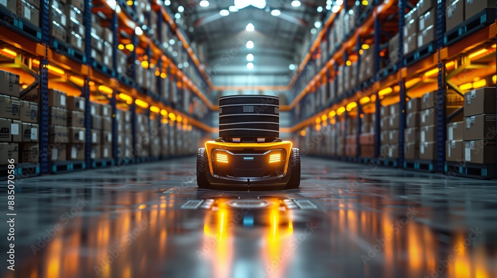 Autonomous Robot in High-Tech Warehouse. Autonomous robot navigates a ...
