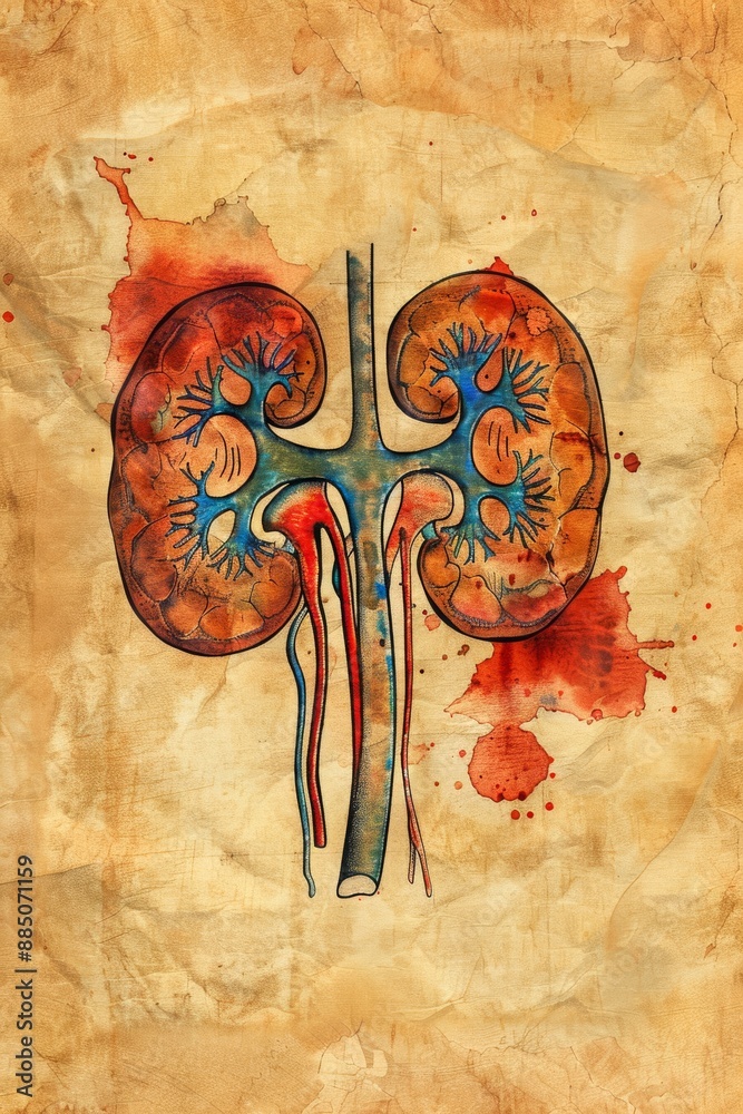 watercolor clipart of Kidneys on parchment page, vintage scrapbook page ...