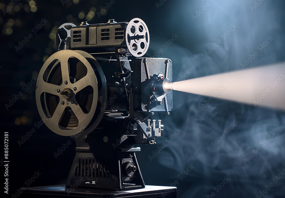 Cinematic film projector with dramatic lighting and smoke effects Stock ...