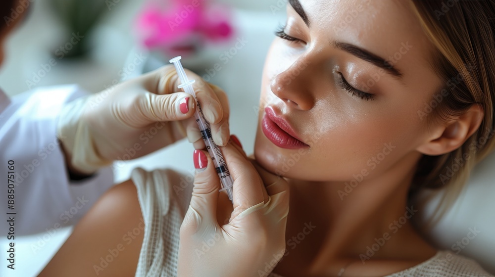 A profile view of a woman receiving a Botox injection in her crow's ...