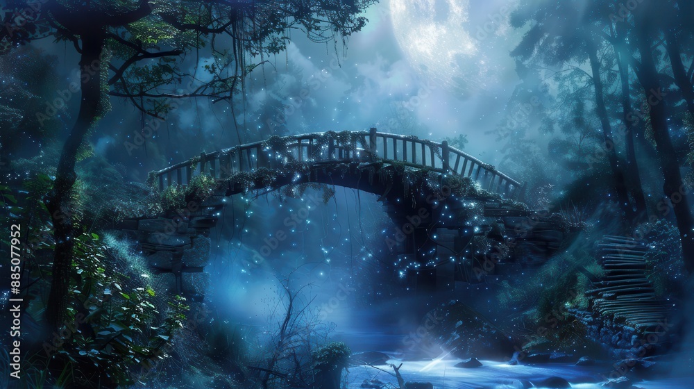 enchanted wooden bridge arching over misty river bioluminescent plants ...