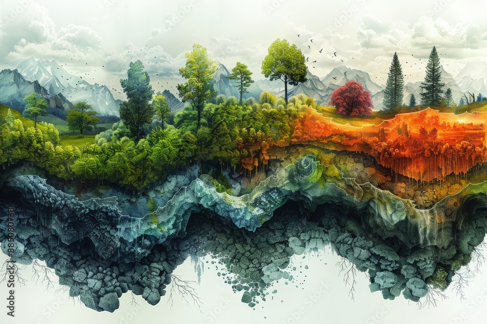 Artistic representation carbon cycle with cross-section forest, soil ...