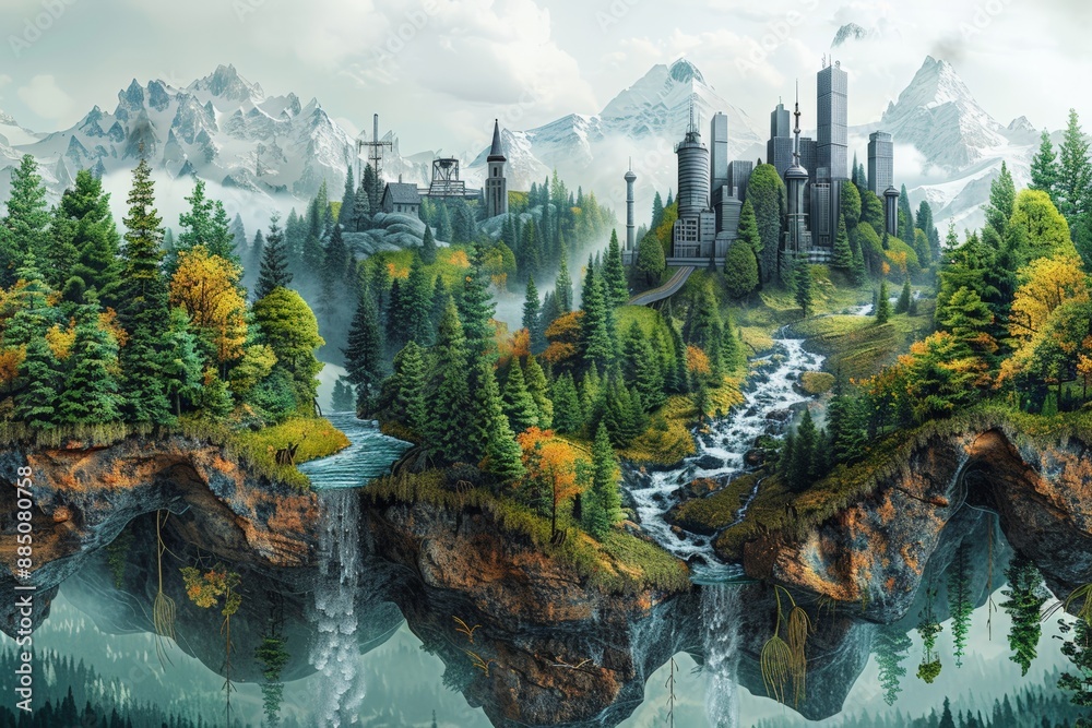 Detailed artistic interpretation carbon cycle with city forest divided ...