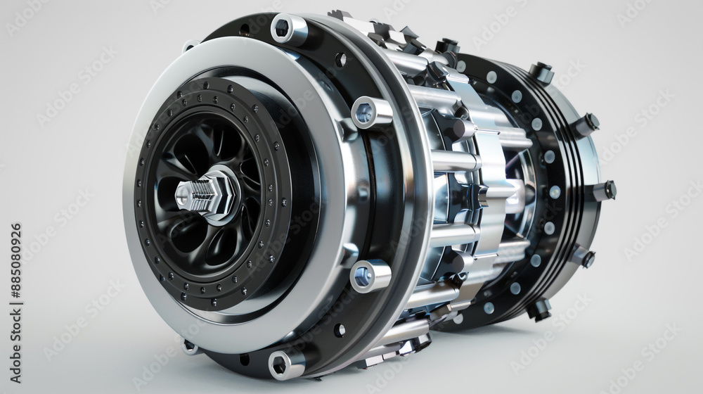 A motor and pixel car bike clutch on a white background, a detailed ...