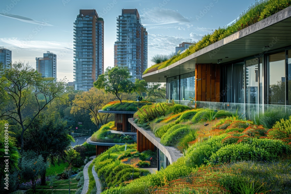 Modern urban landscape with rooftop gardens, lush greenery, high-rise ...