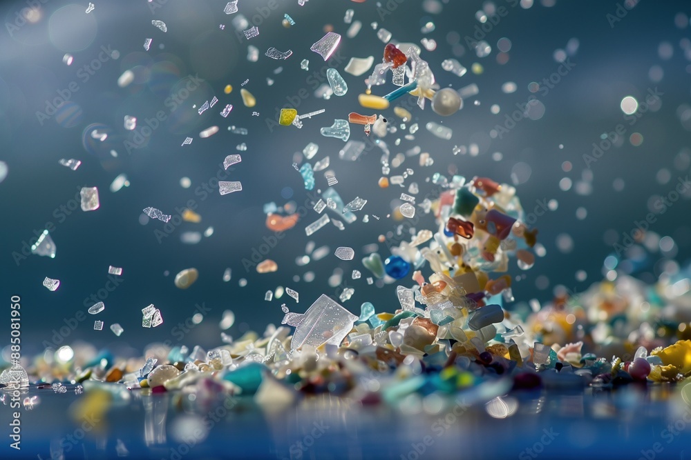 A dynamic image of colorful microplastic fragments floating in the air ...