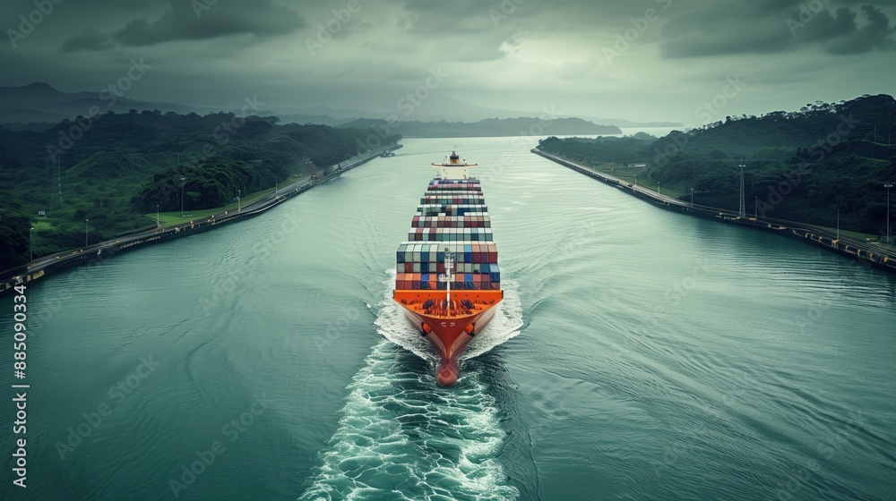 Conceptual photography of a container ship navigating through the ...