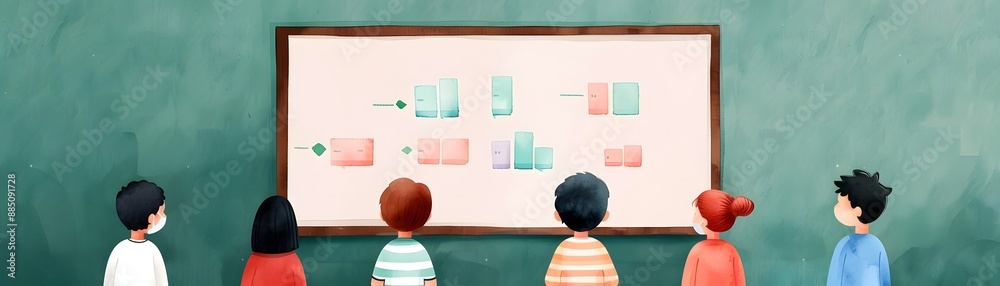 Children attentively observing educational chart on board, illustrating ...