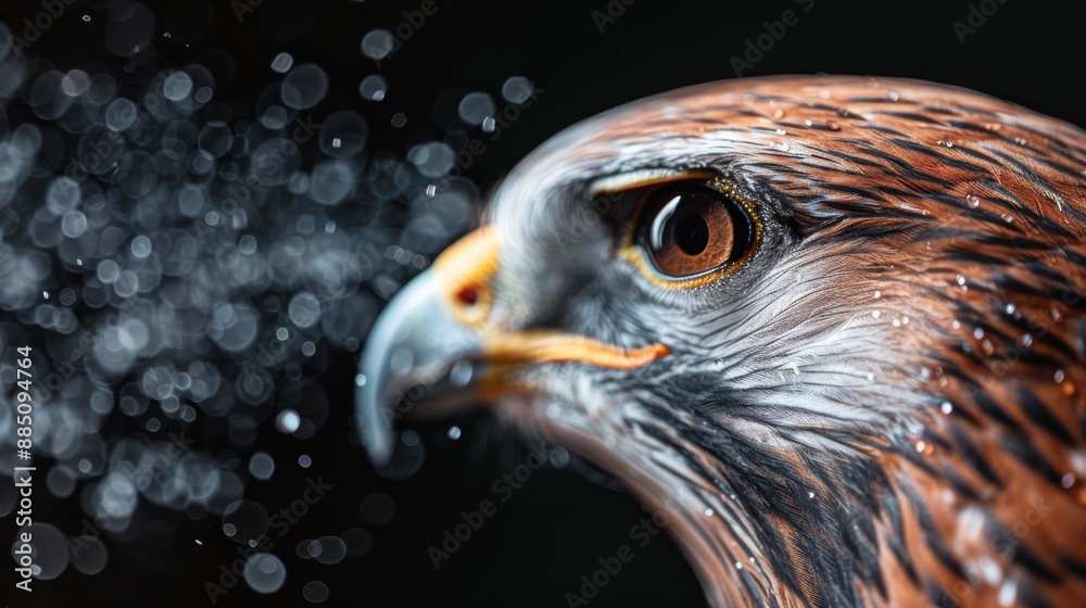 Portrait photograph of a wet hawk, with water droplets glistening on ...