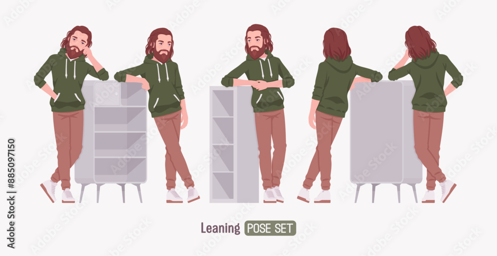 Long haired bearded handsome man standing lean pose set in cute hoodie ...