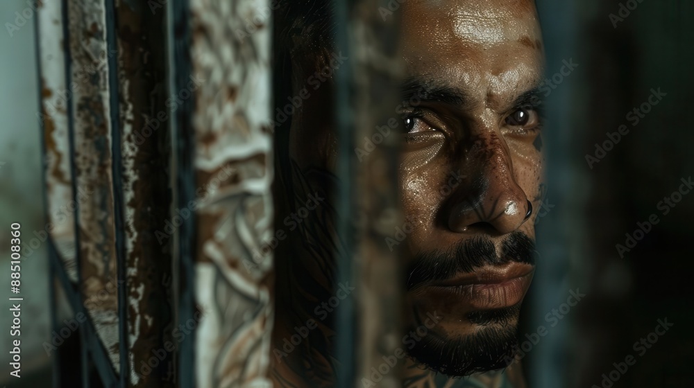 introspective latino inmate face adorned with intricate tattoos gazes ...