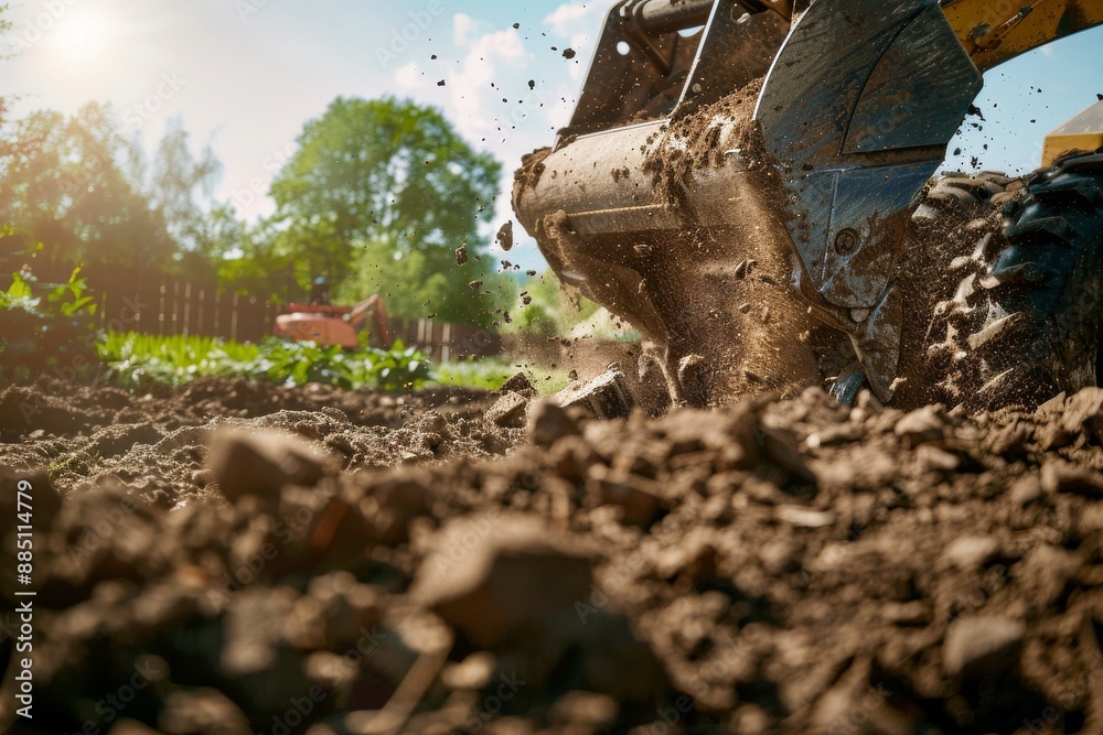 Working Excavator Tractor Digging A Trench At Construction Site.Close ...