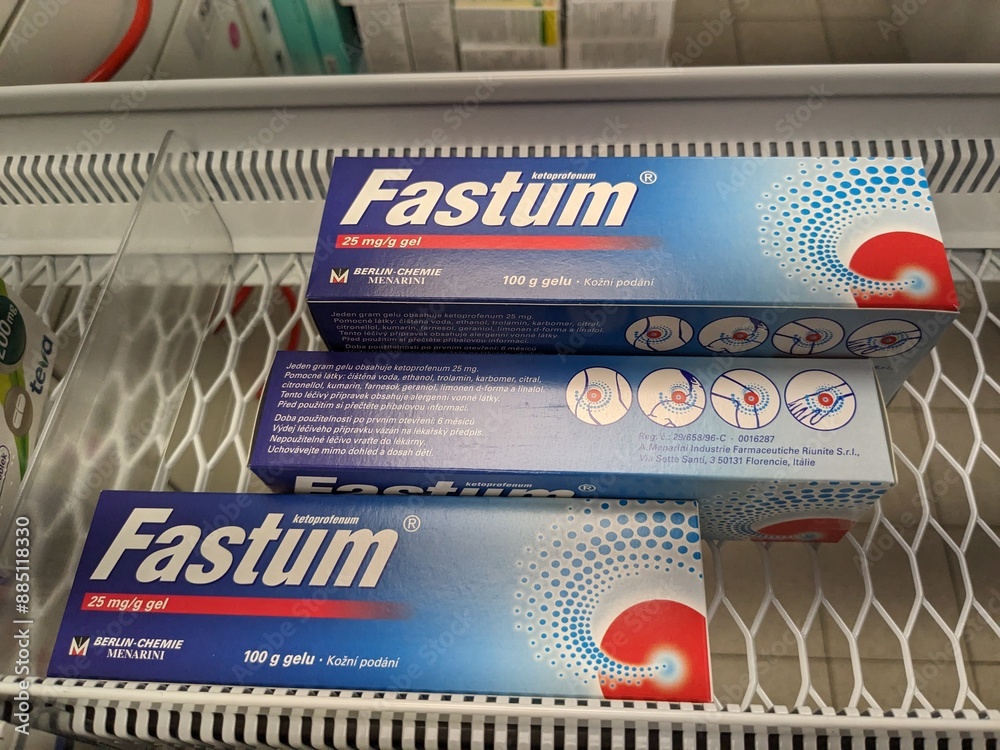 Prague, Czech Republic - July 10 2024: FASTUM box of medication with ...