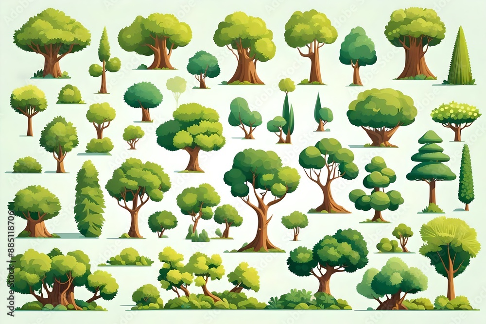 Cartoon bush and tree set. Vector trees and bushes isolated on white ...