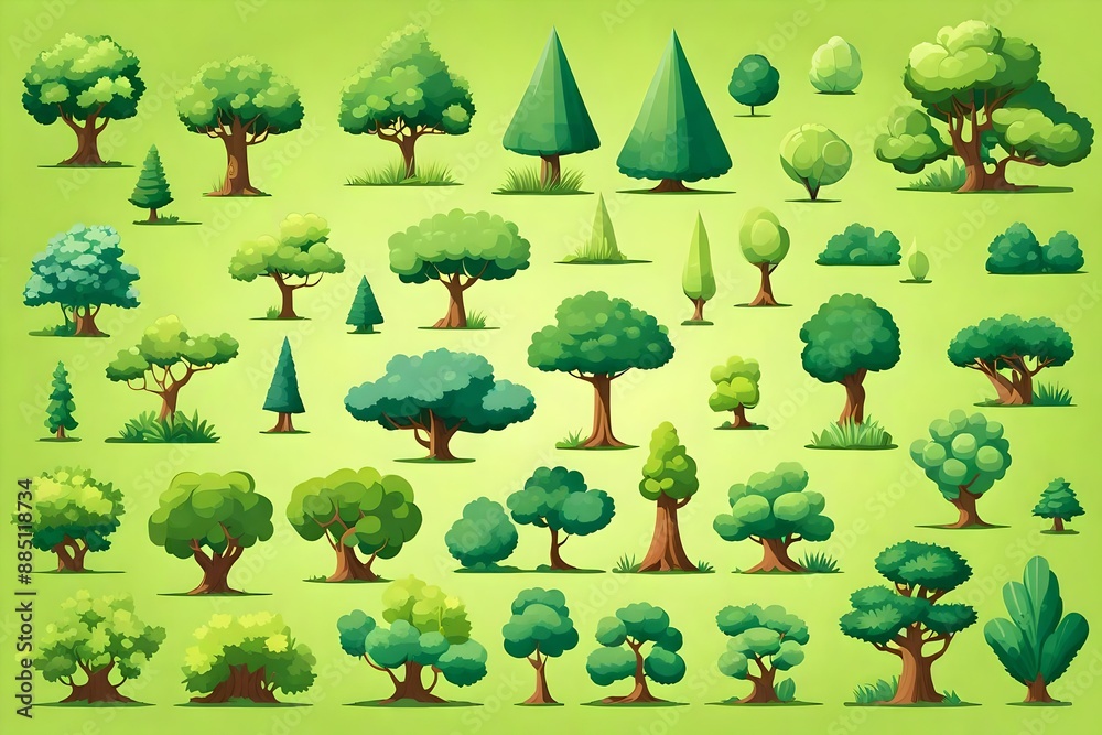 Cartoon bush and tree set. Vector trees and bushes isolated on white ...