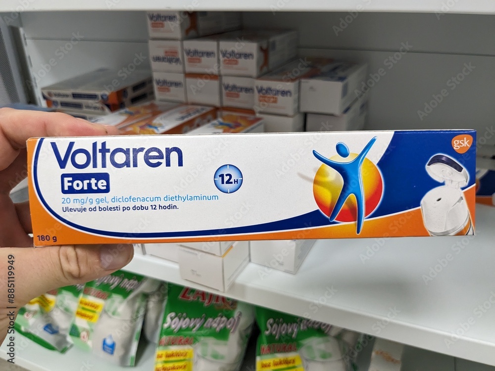 Prague, Czech Republic - July 10 2024: VOLTAREN FORTE box of medication with DICLOFENAC active ...