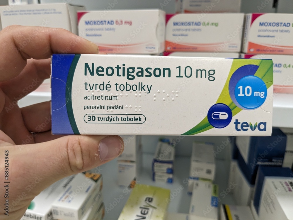 Prague, Czech Republic - July 10 2024: NEOTIGASON TEVA box of ...