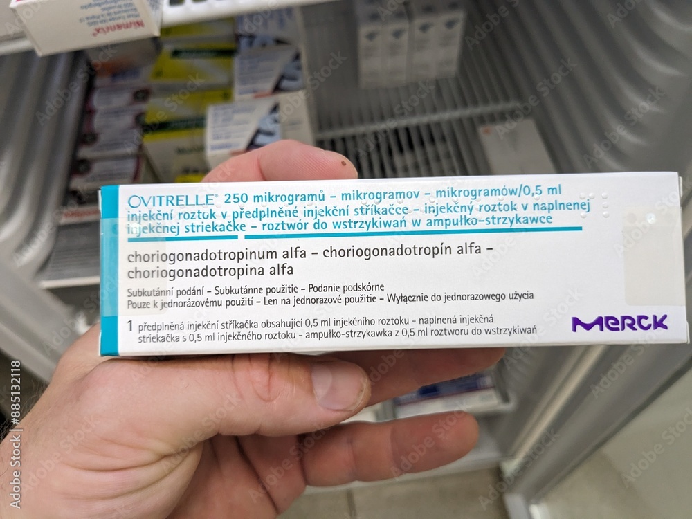 Prague, Czech Republic - July 10 2024: OVITRELLE box of medication with ...