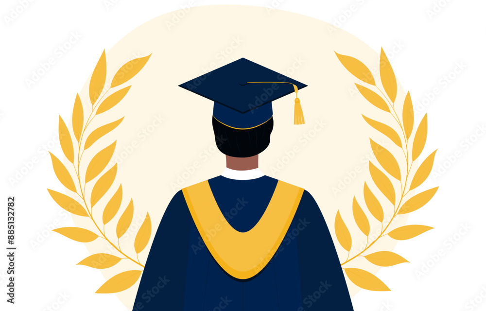 Male graduate portrait view from the back. Young man in blue graduation ...