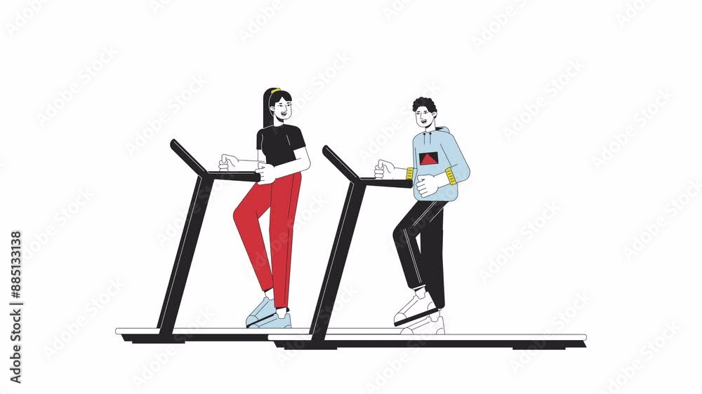 Multiethnic friends running on treadmills line 2D character animation ...