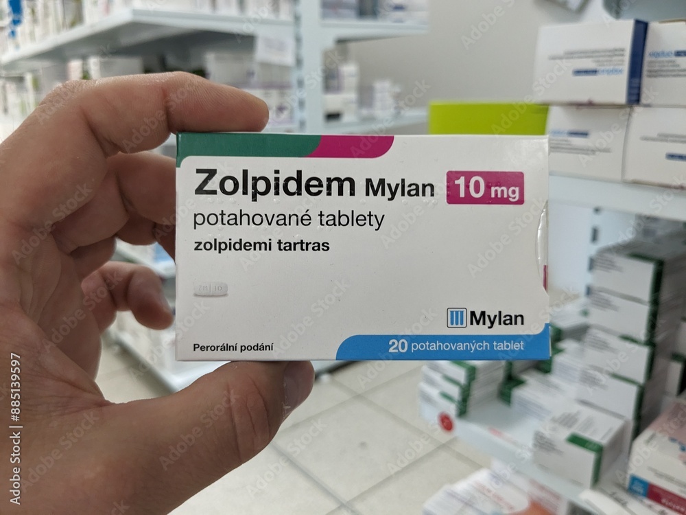 Prague, Czech Republic - July 10 2024: ZOLPIDEM MYLAN box of medication ...