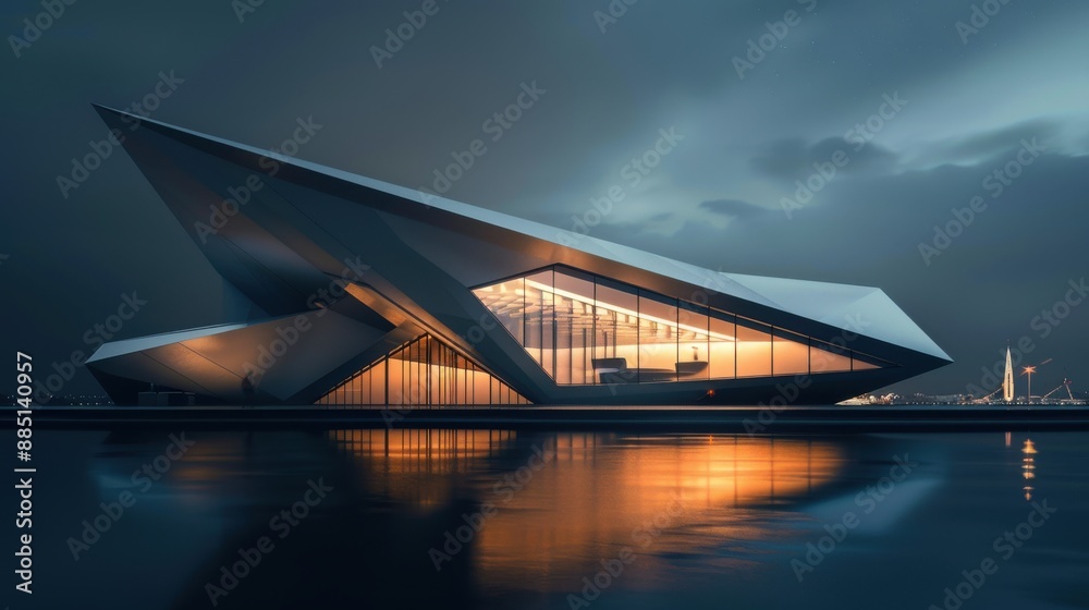 A side view of a sleek, modern architectural structure with sharp lines ...