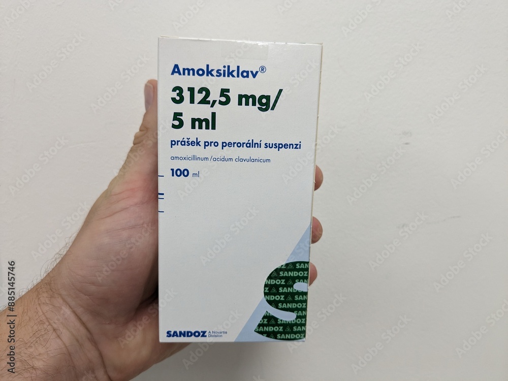 Prague, Czech Republic - July 10 2024: AMOKSIKLAV box of medication ...