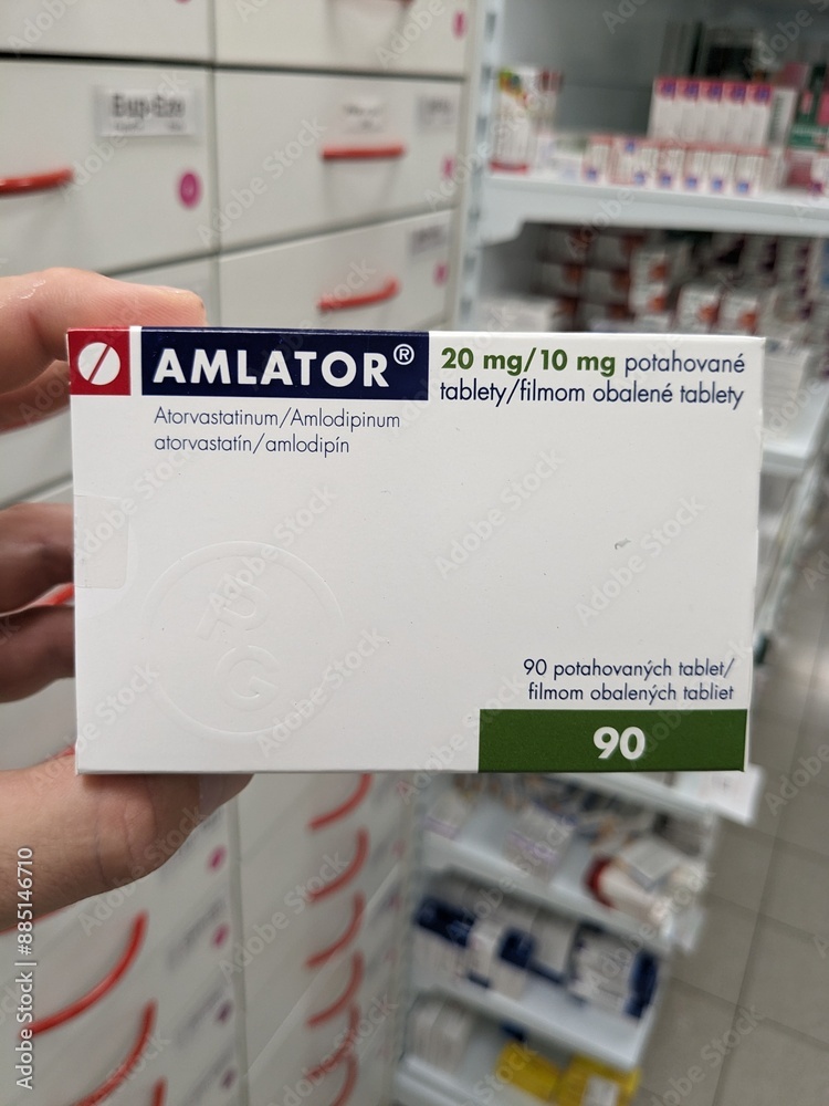 Prague, Czech Republic - July 10 2024: AMLATOR box of medication with ...